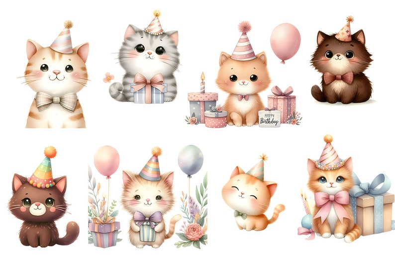 35 Birthday Cats Watercolor Cat Clipart Cute Party Cat Illustration for ...