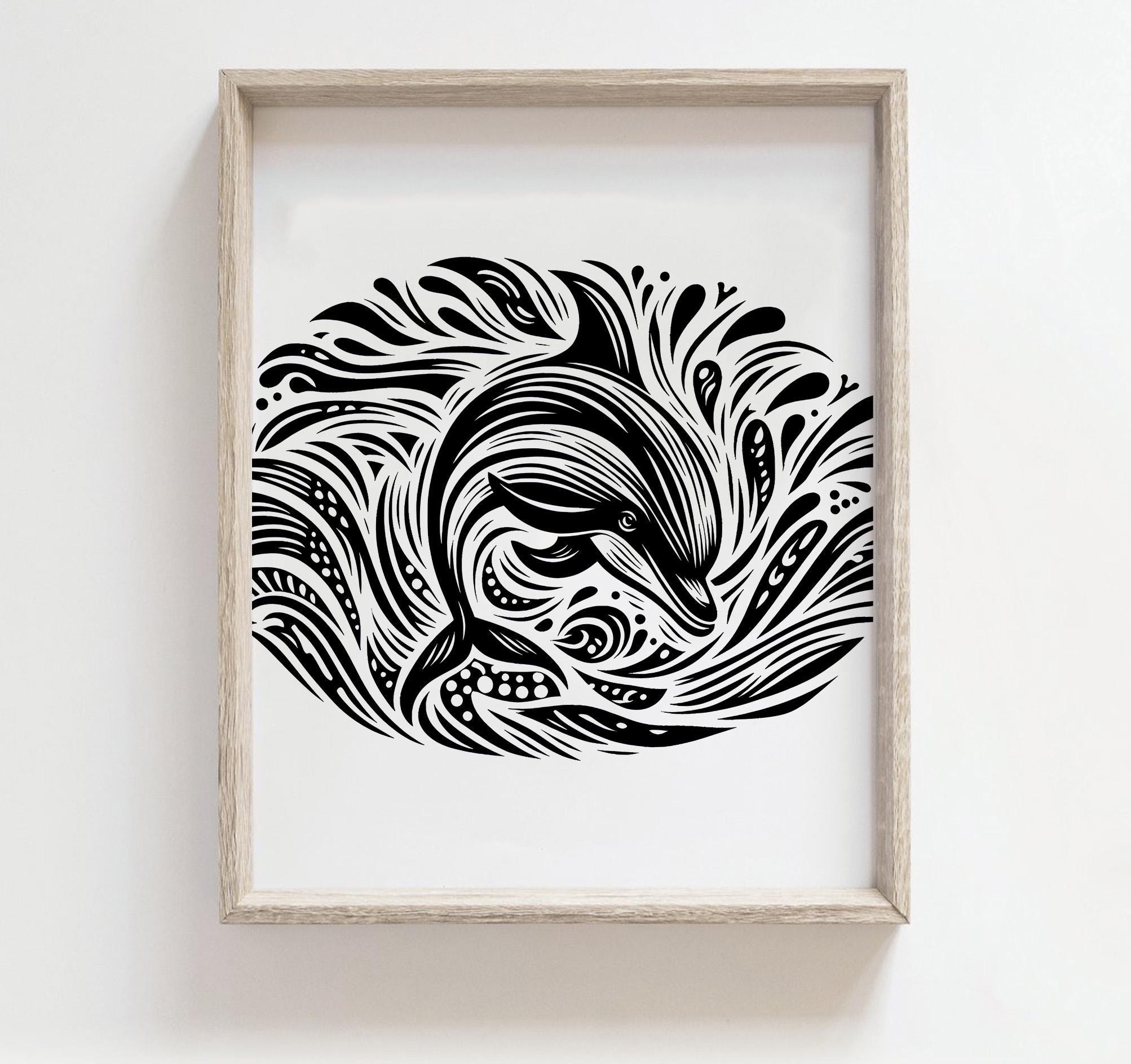 Linoprint Dolphin Clipart Collection: Black and White Stamp Art ...