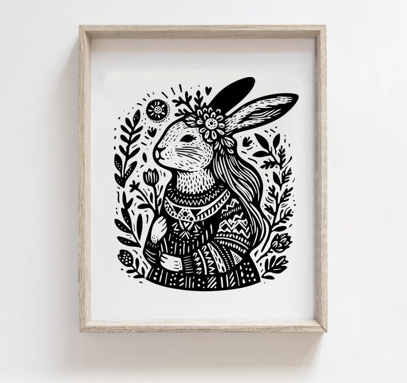 Linoprint Folk Rabbits Clipart Collection - Blockprint Style ...