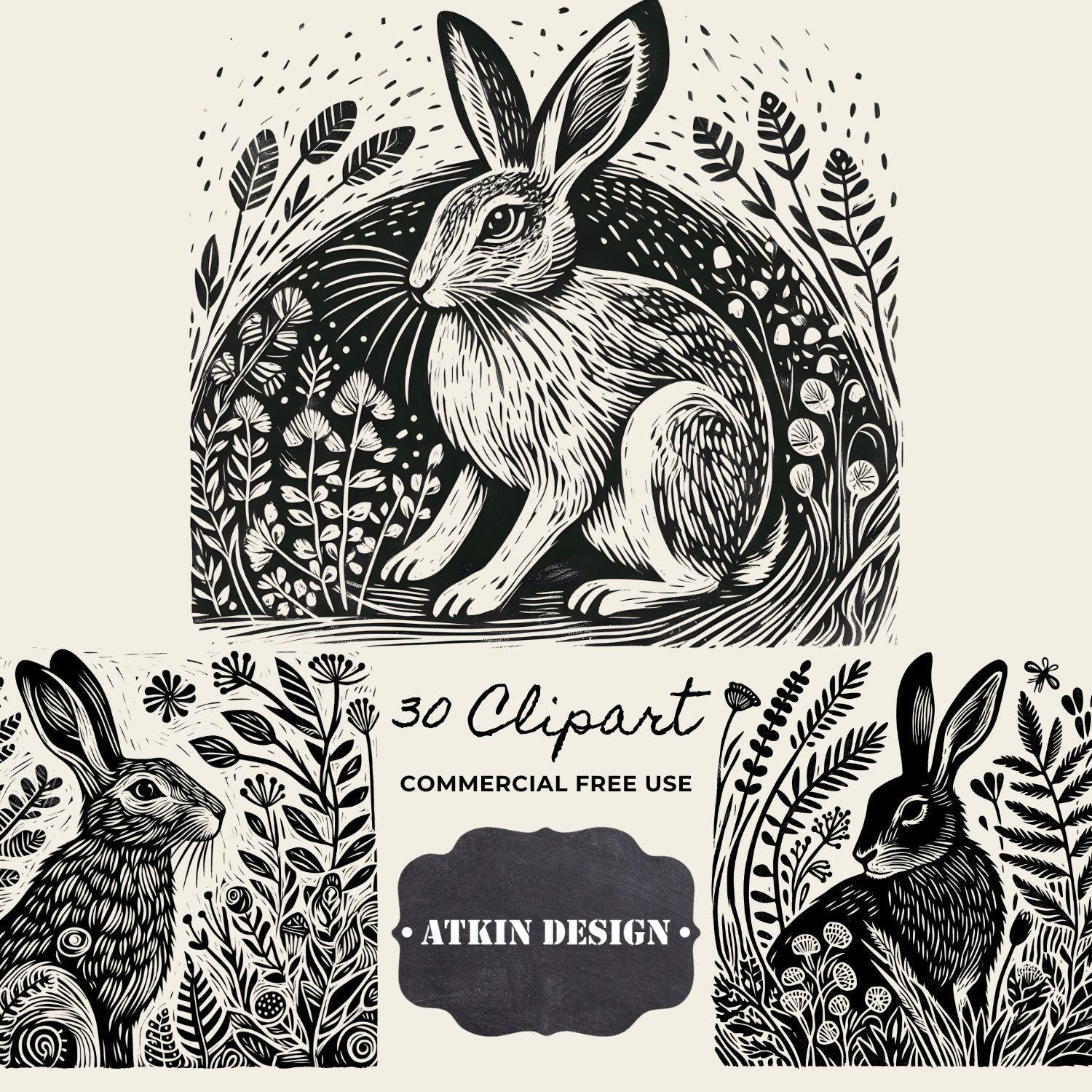 Woodland Hare Lino Print: Black and White Rabbit Illustrations (30 ...