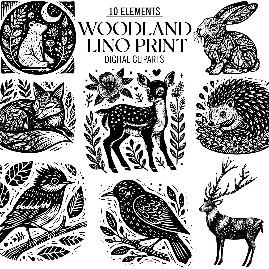 Woodland Animals Lino Print: Black and White Cliparts (digital Files ...
