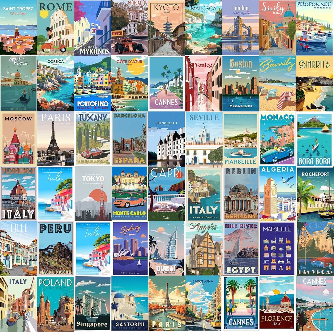 50pcs Travel Poster Retro Aesthetic Vintage Travel Wall Art Aesthetic Wall Collage Travel Wall ...