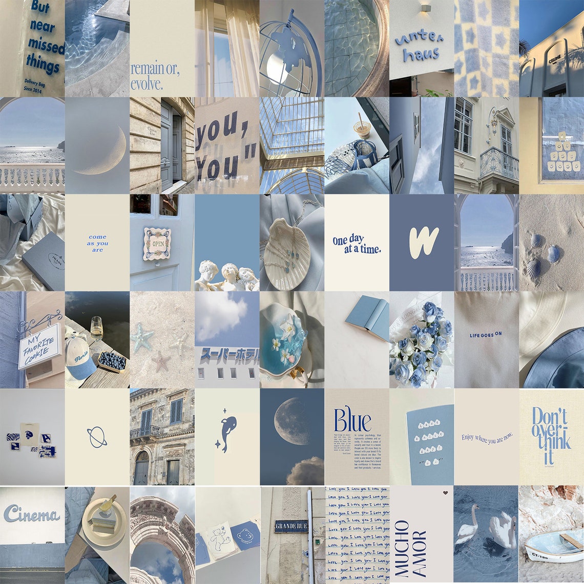 50 PCS | Blue and Beige Wall Collage Kit | Soft Blue Aesthetic Wall ...