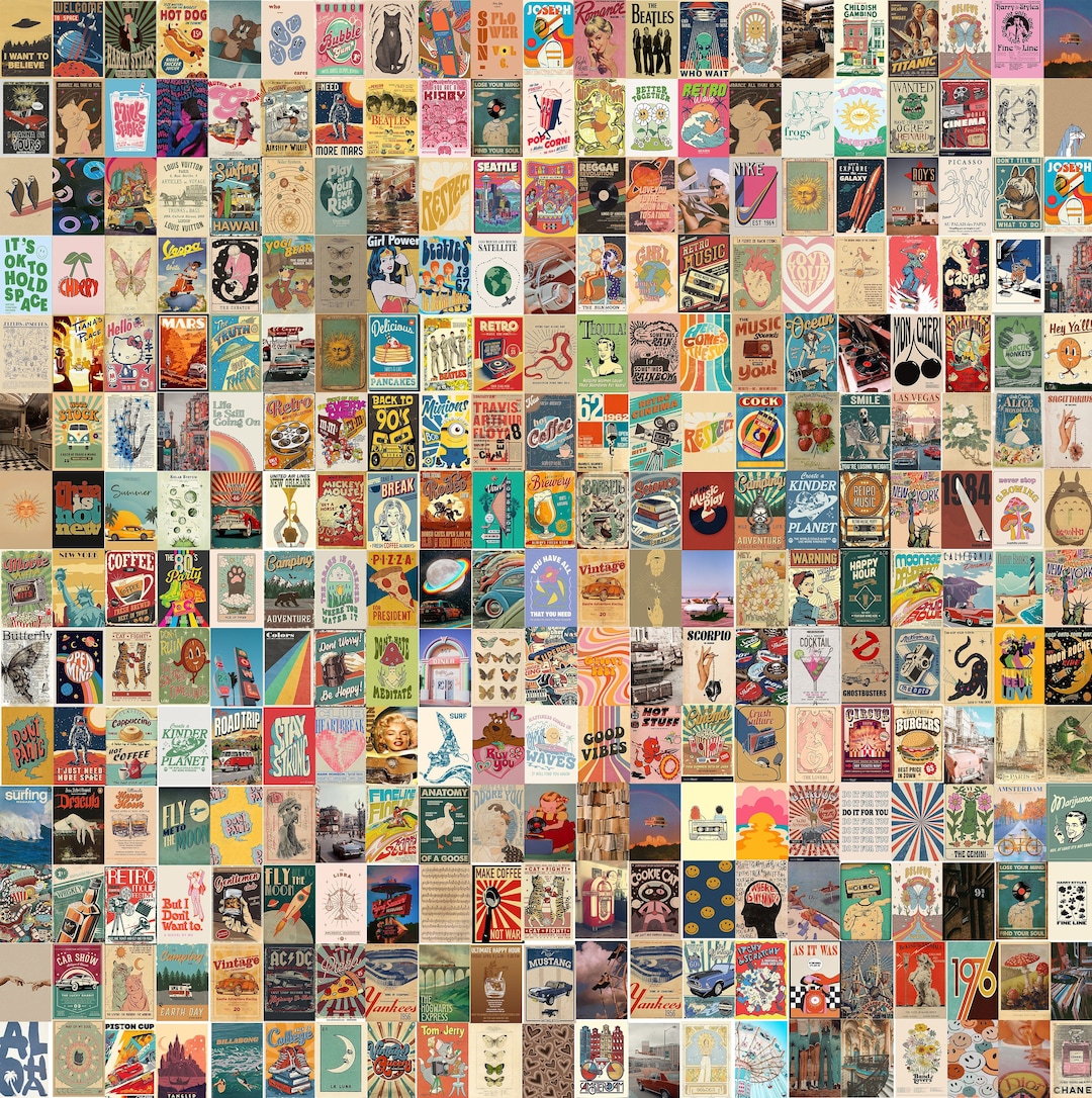 300PCS Vintage Poster Wall Collage Kit- Retro Aesthetic Wall Collage ...