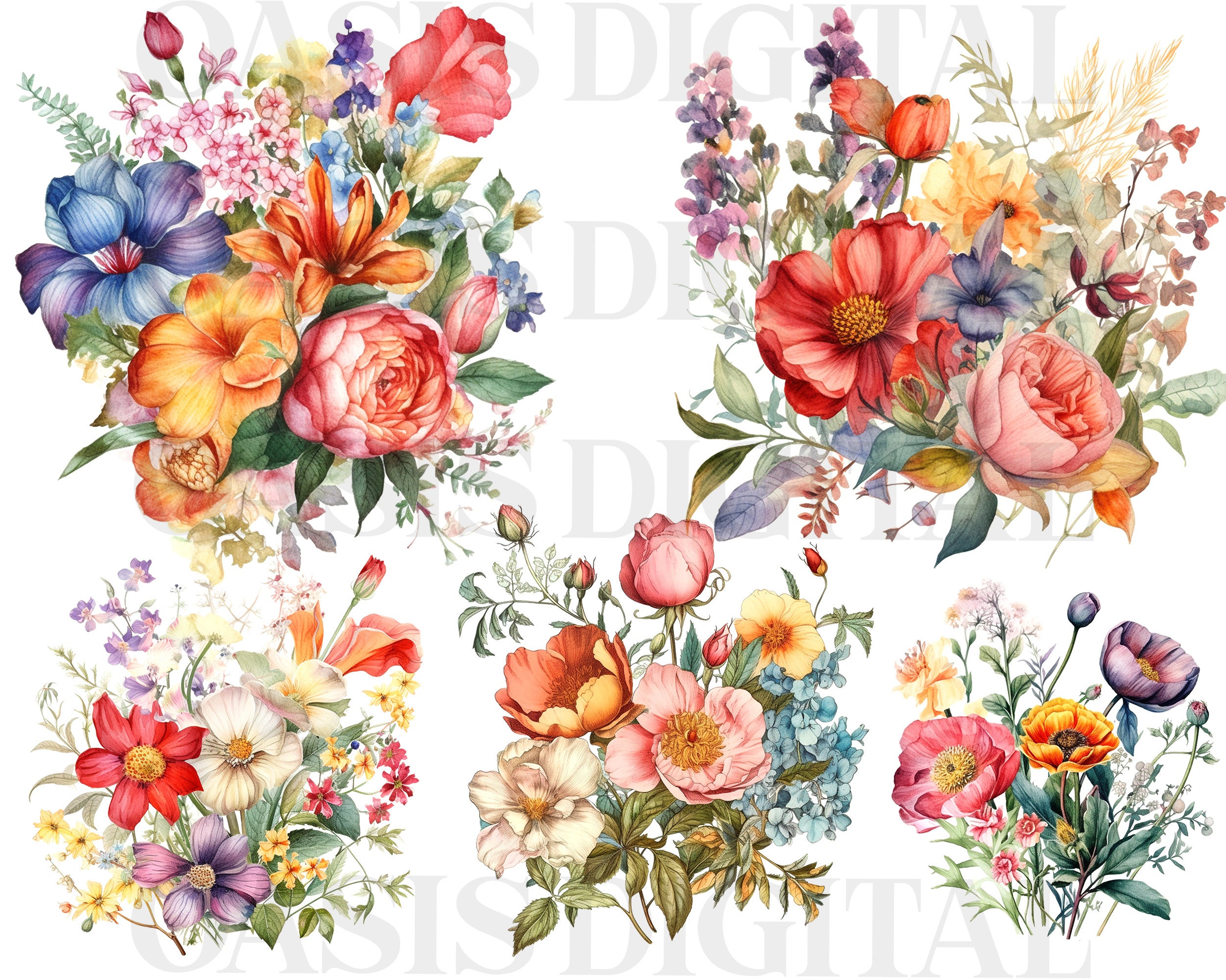 Watercolor Flower Clipart Pack - Hand-painted Floral Elements for DIY ...