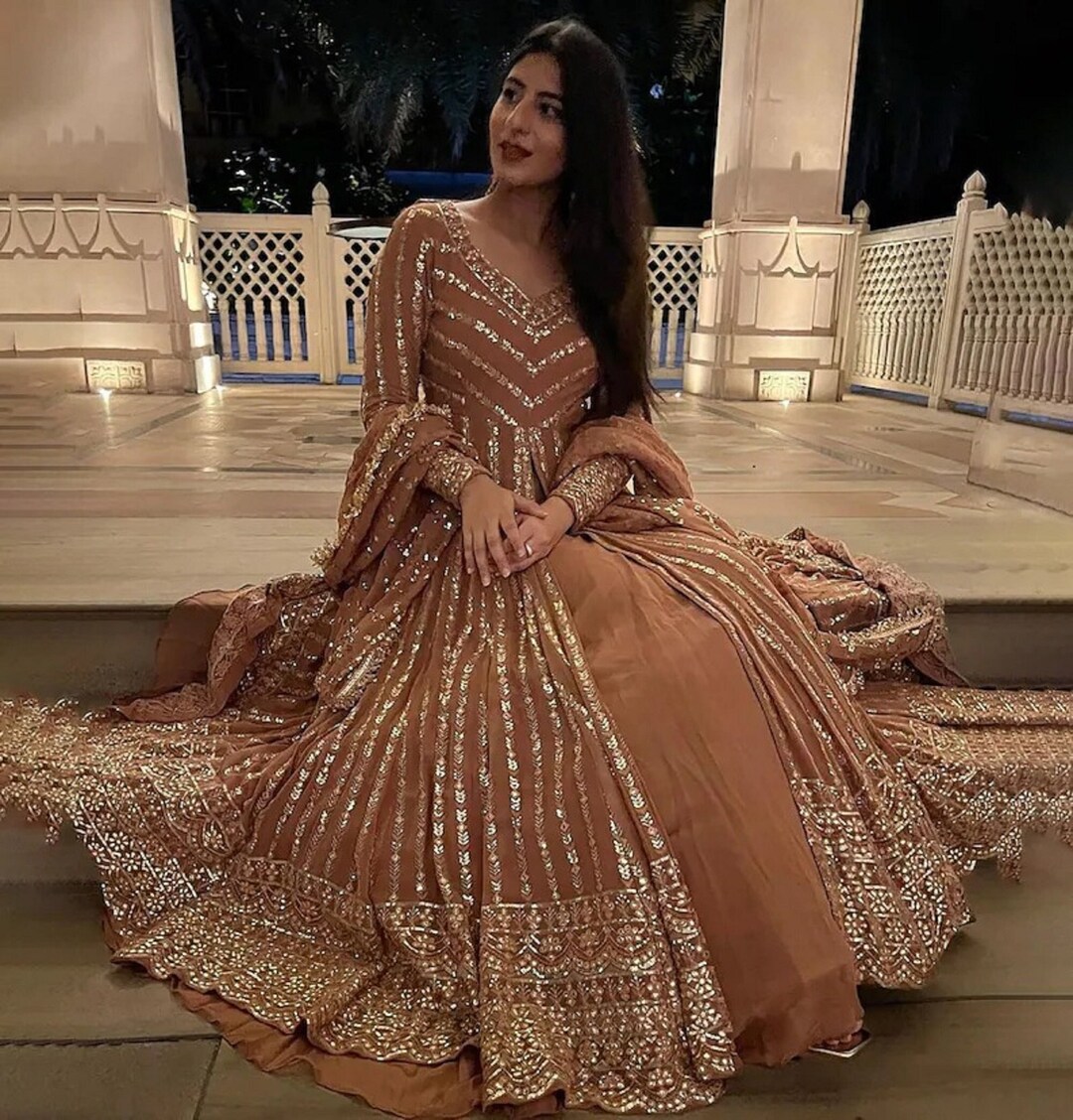 Brown Anarkali Lehenga Sharara Gharara Set, Readymade Indian Dress ...