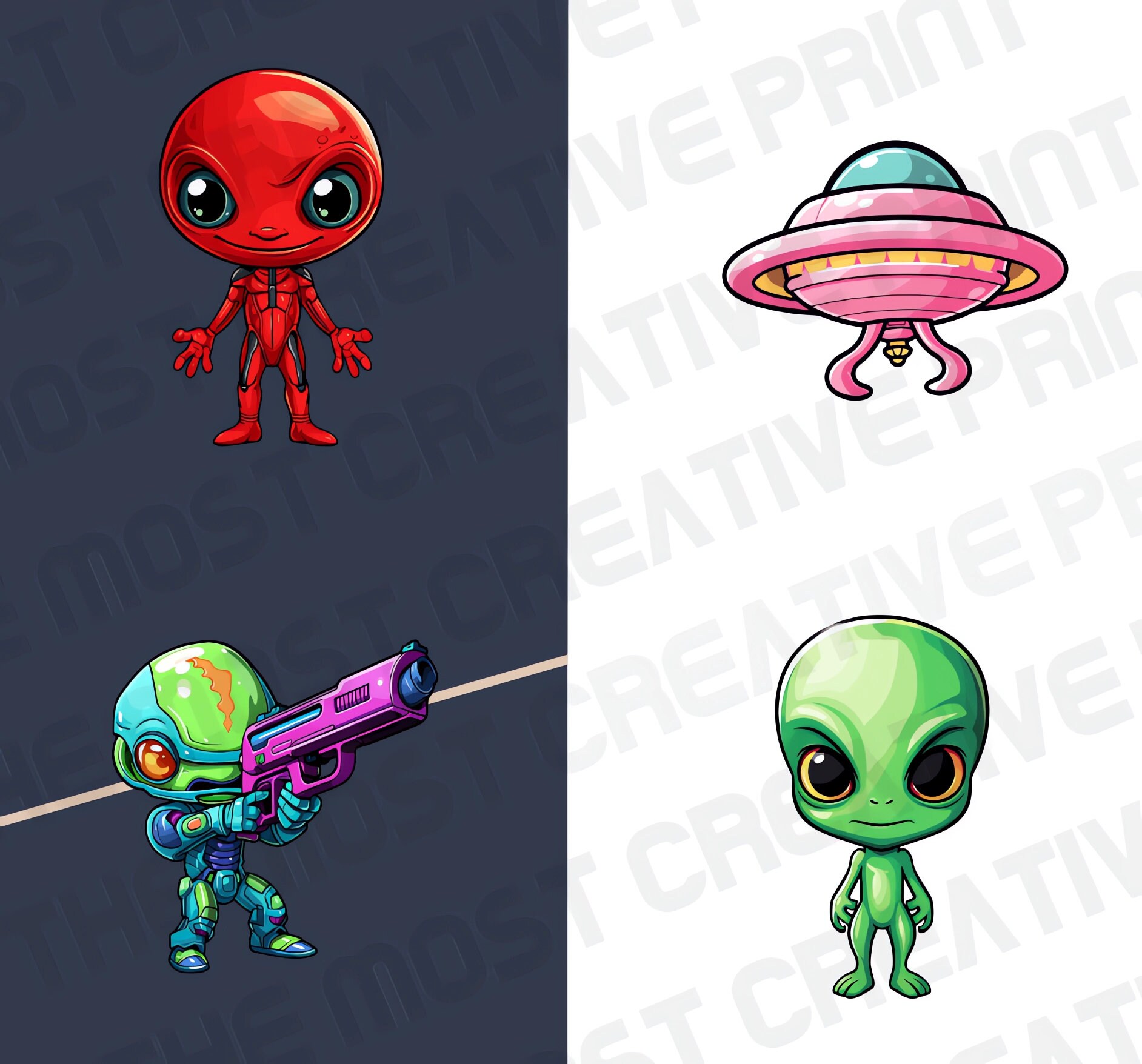 Alien Sticker PNG Pack Chibi Cute Vector Clipart Bundle of 15 UFO ...