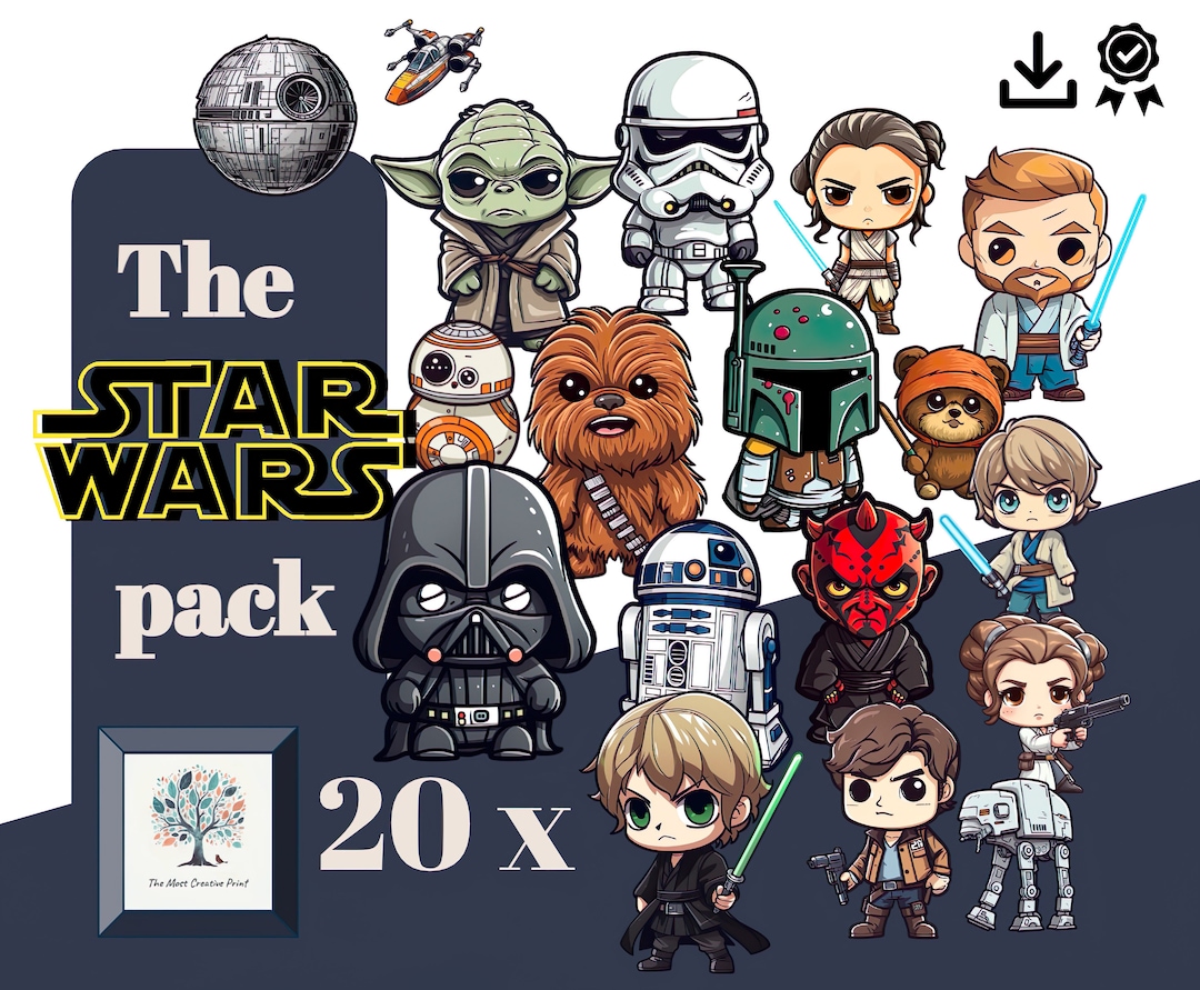 Starwars Sticker PNG Pack Chibi Cute Vector Clipart Bundle of 20 Star ...