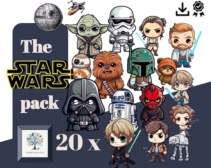 Starwars Sticker PNG Pack | Chibi Cute Vector Clipart Bundle of 20 Star Wars Characters PNG SVG ...