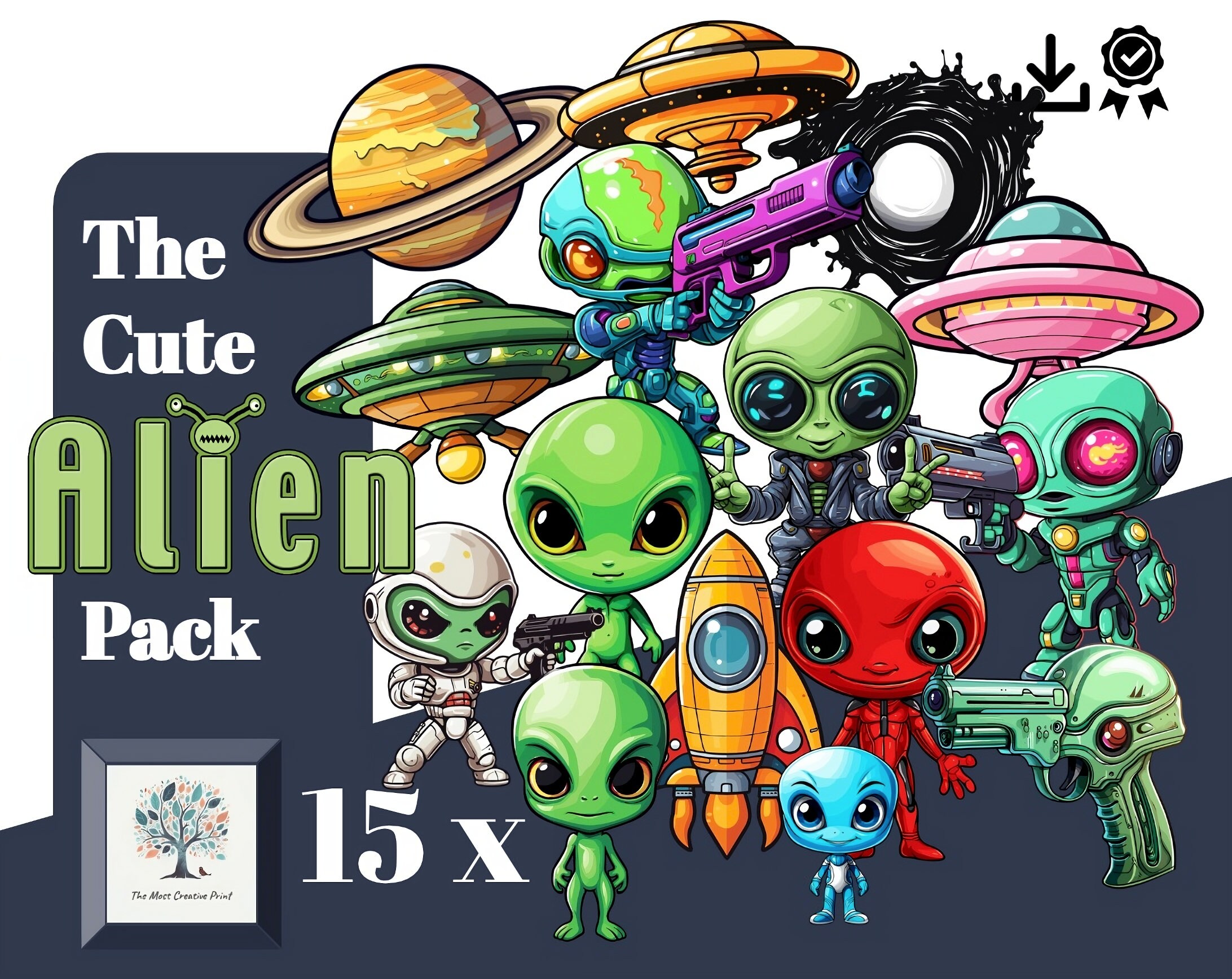 Alien Sticker PNG Pack Chibi Cute Vector Clipart Bundle of 15 UFO ...