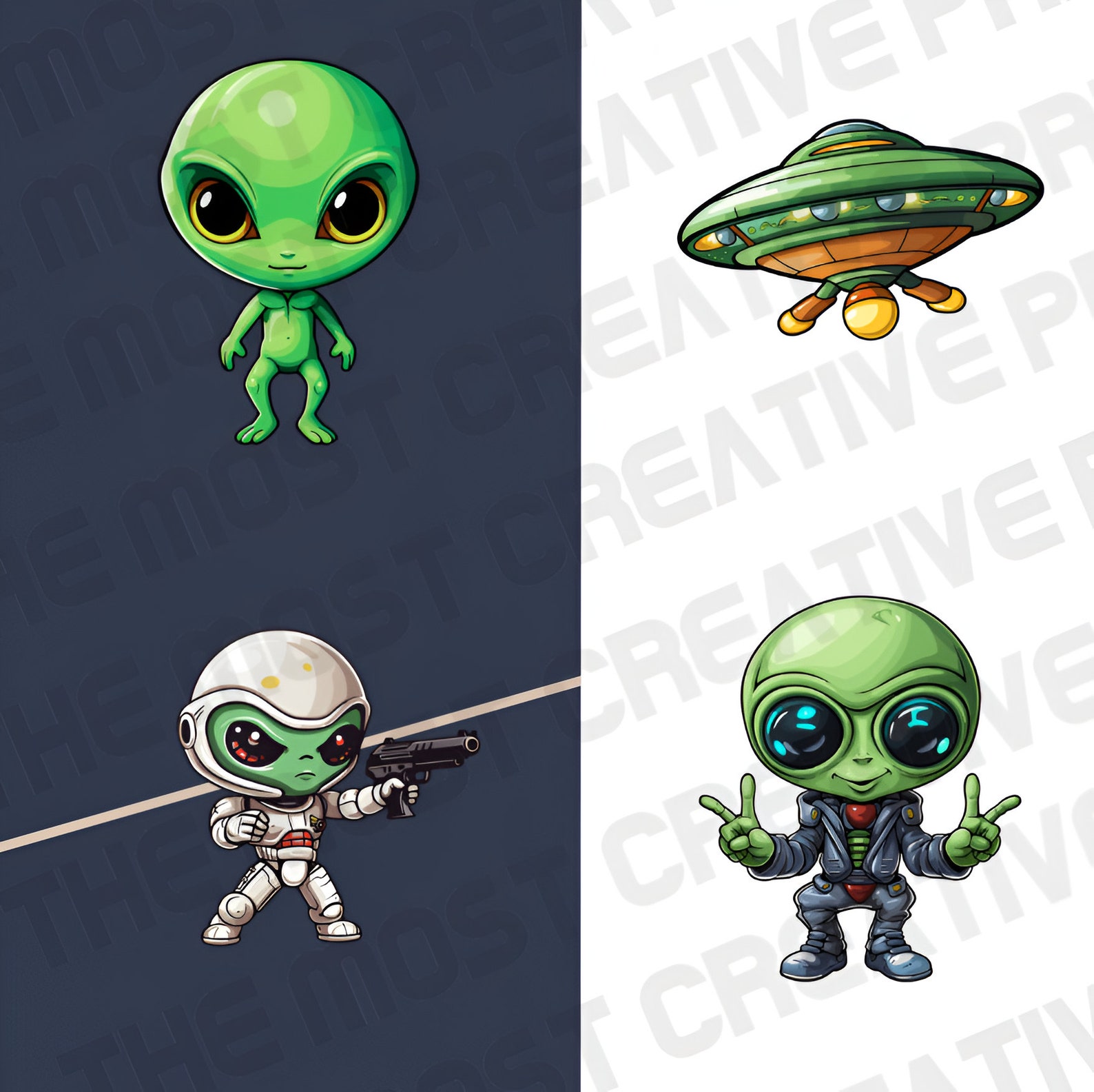Alien Sticker PNG Pack Chibi Cute Vector Clipart Bundle of 15 UFO ...