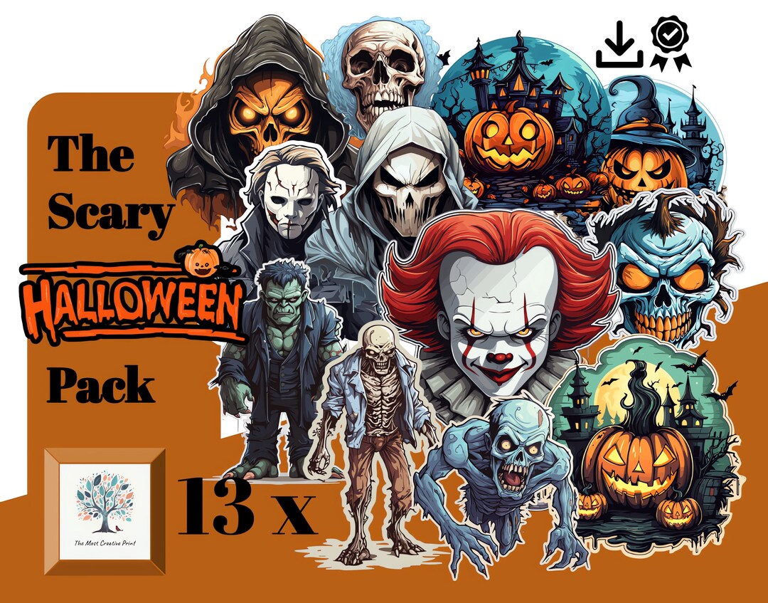 Scary Halloween Stickers PNG Bundle Horror Clipart Vector Style 13 High ...