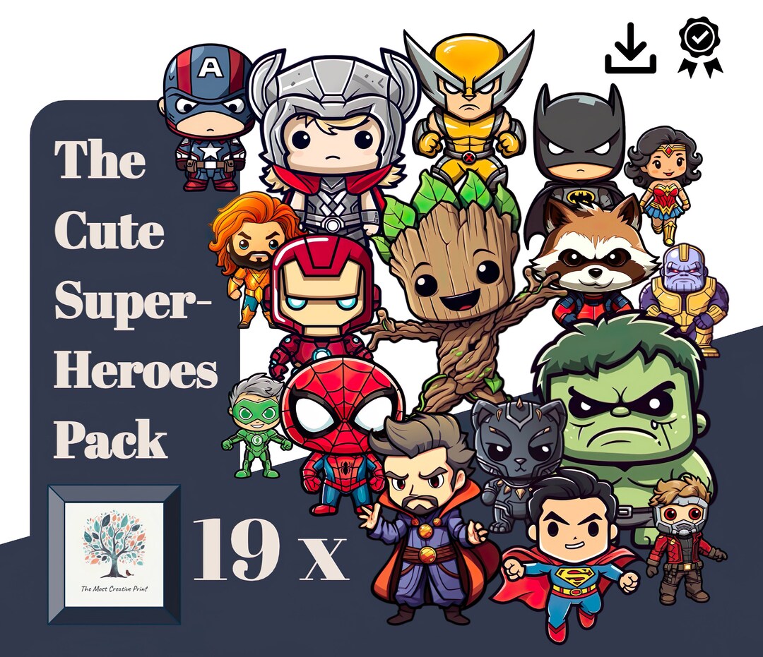 Superheroes Sticker PNG Pack Chibi Vector Cute Clipart Bundle of 19 ...