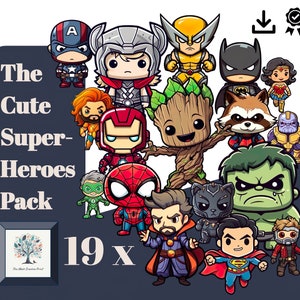 Superheroes Sticker PNG Pack Chibi Vector Cute Clipart Bundle of 19 ...