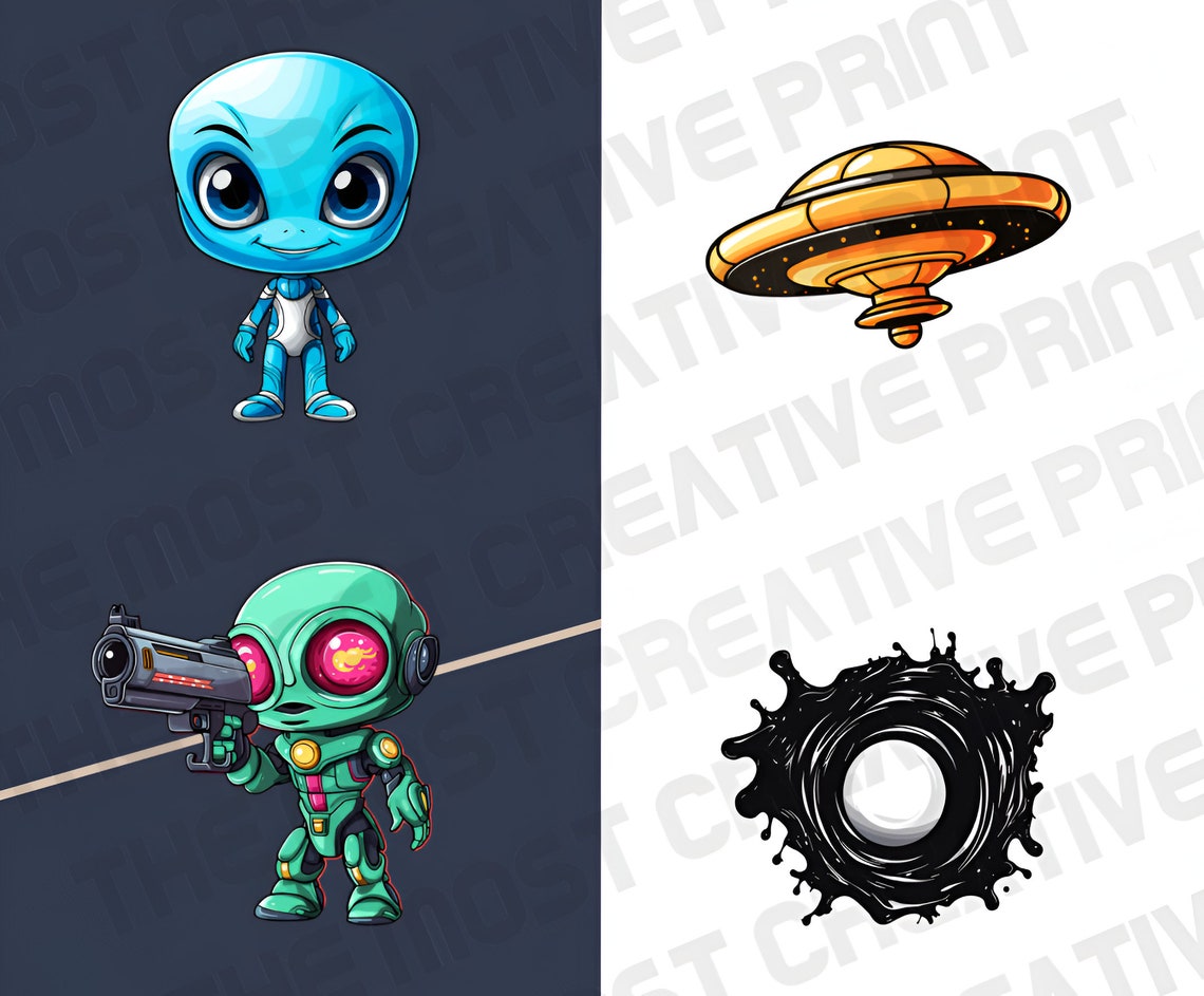 Alien Sticker PNG Pack Chibi Cute Vector Clipart Bundle of 15 UFO ...