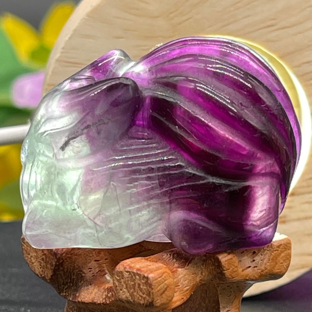 Fluorite Kitsune Figurine | 9 Tails Fox Crystal Carving | Clarity Stone ...