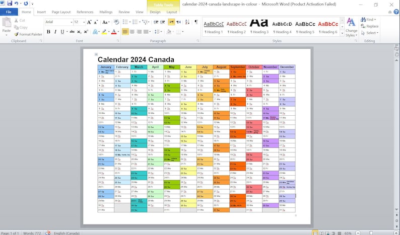 Editable Calendar 2024 Canada for Microsoft Word - Etsy