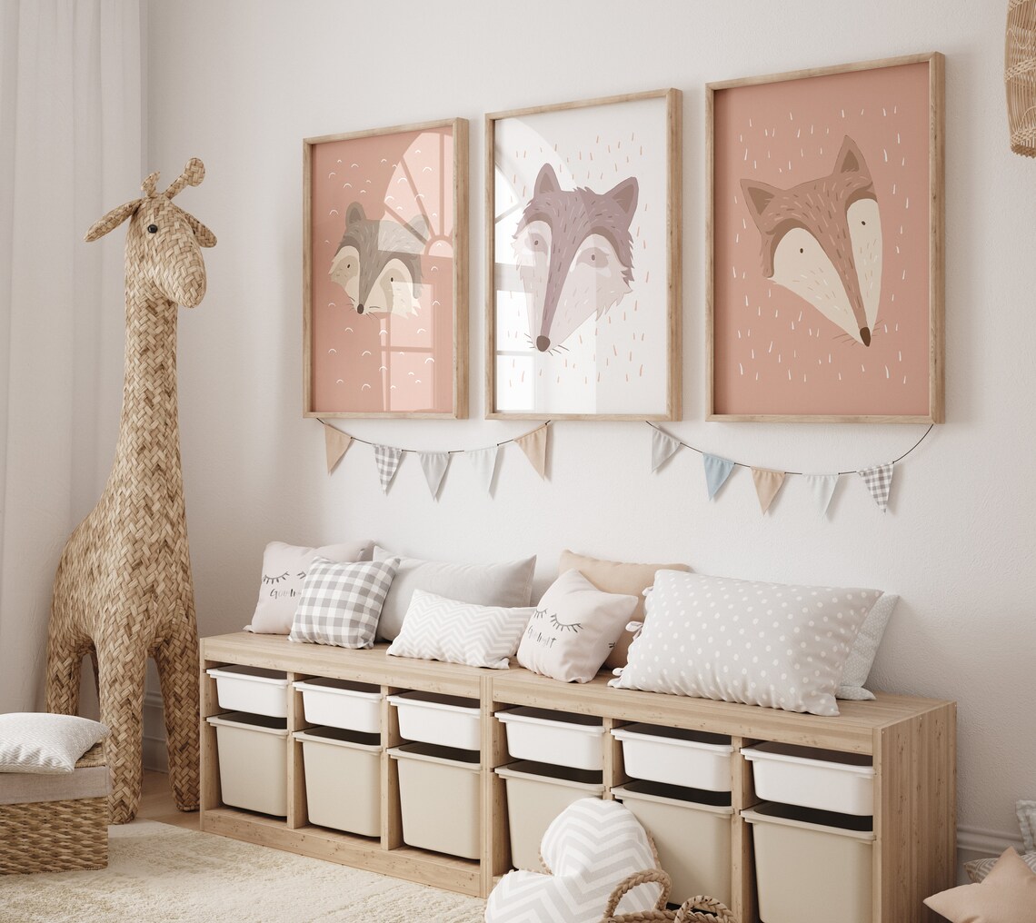 Forest Animals Wilko Wolf, Fiete Fox, Wido Raccoon Poster Set Red Brown ...