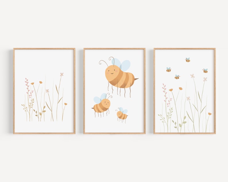 Bella Bee and Flowers Poster Set White I Bee Poster, Wall Decor ...
