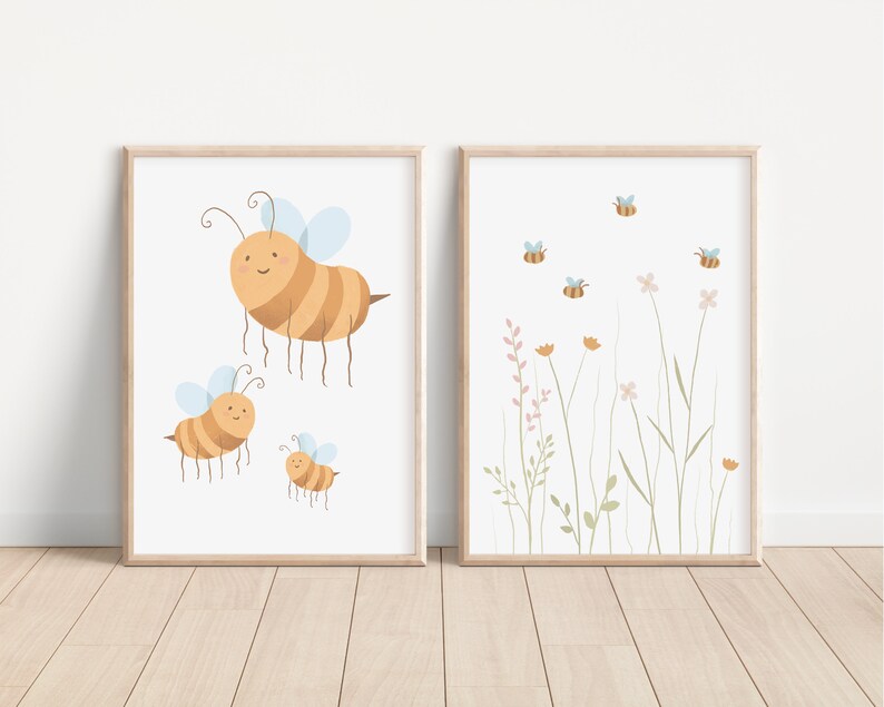 Bee Flower Poster Set White I Meadow Poster, Wild Flowers, Bee Poster ...