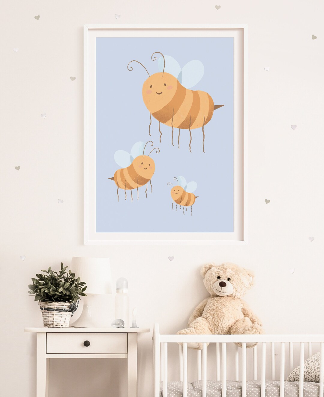 Bees Poster Blue I Spring Cheerful Wall Decor Baby Boy Girl Neutral ...