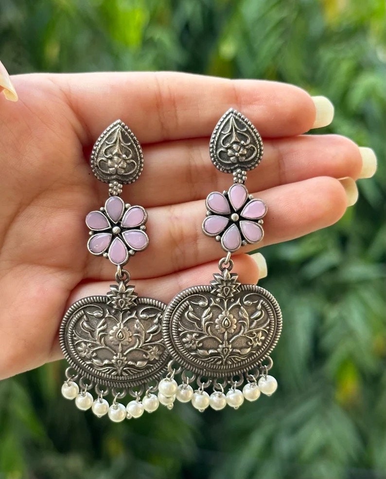 Light Pink Stone Oxidised Earrings With Ambi Design / Long Silver ...