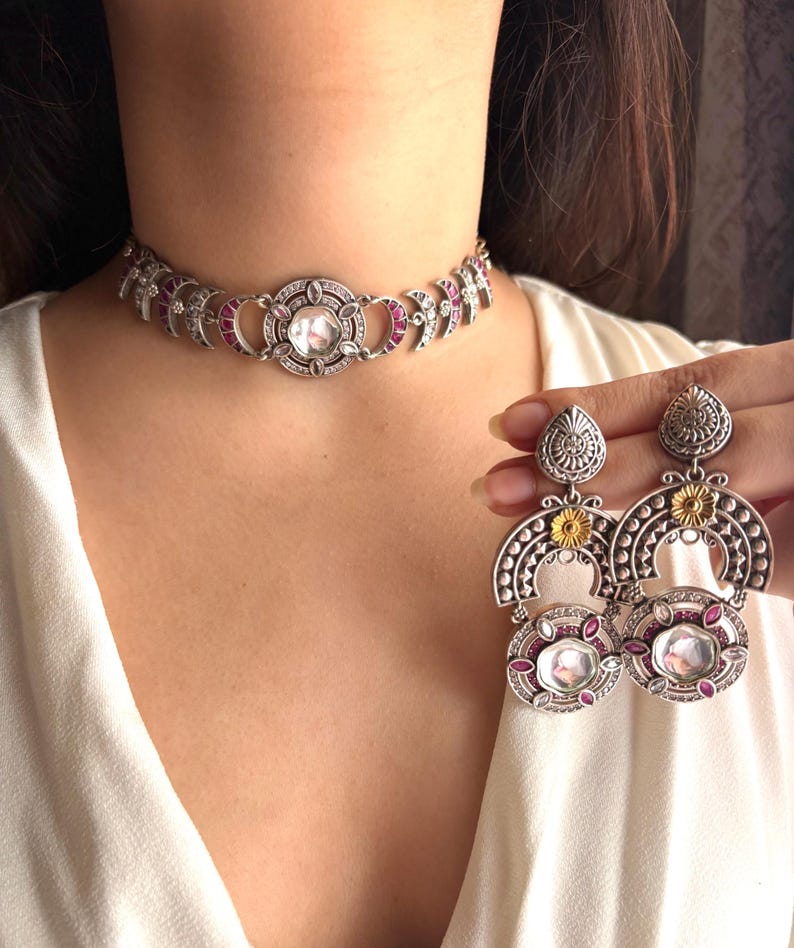 NOOR Ruby Antique Dual Tone Brass Choker Set With Jhumkas, Boho Silver ...