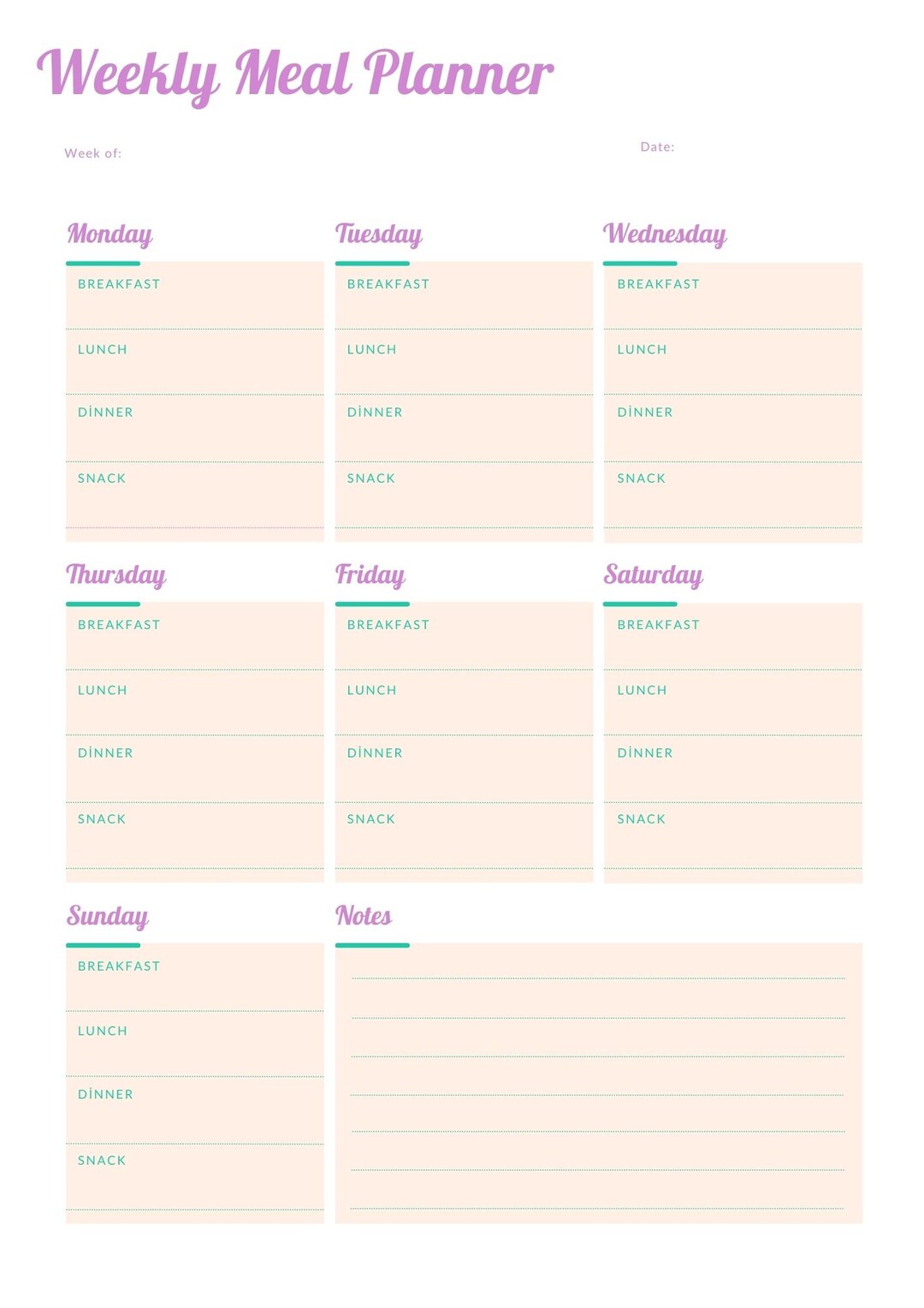 Printable Weekly Meal Planner Landscape,daily Planner, Food Diary, Meal ...