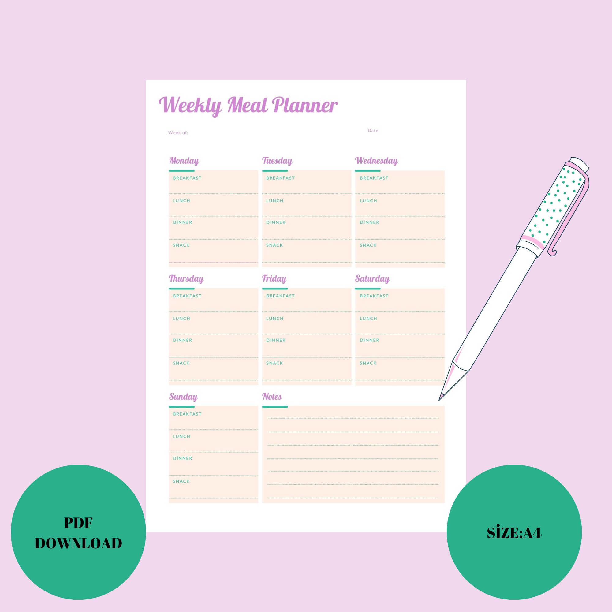 Printable Weekly Meal Planner Landscape,daily Planner, Food Diary, Meal ...