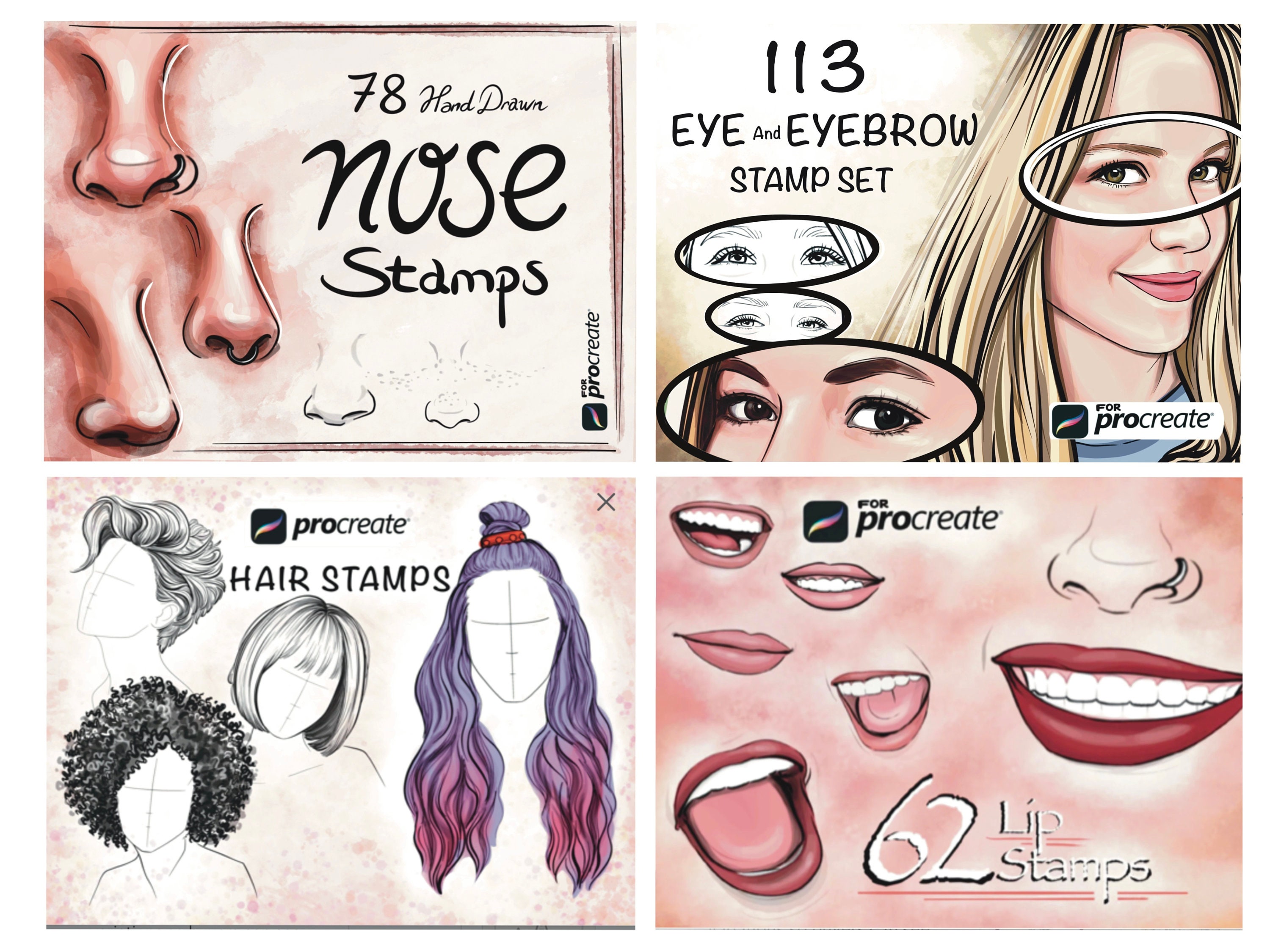 Full Set of Portrait Stamps for Procreate / Nose, Eye, Lip and Hair ...
