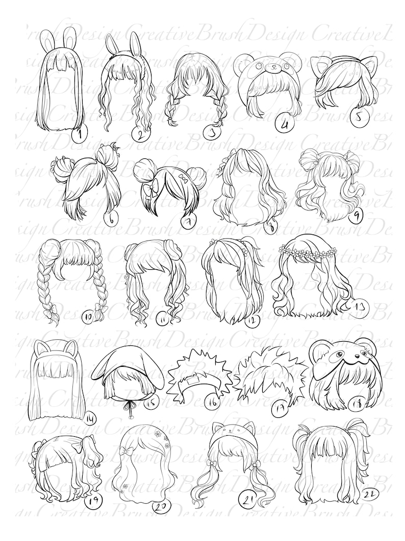 Chibi Hair Stamps for Procreate, Chibi Features Procreate, Anime Brush ...
