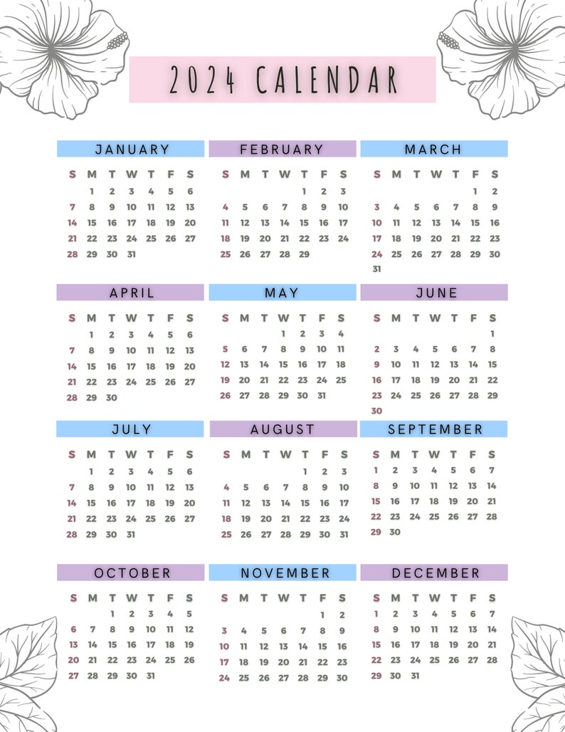 Jaarkalender 2024 met alle maanden op één pagina - Etsy Nederland