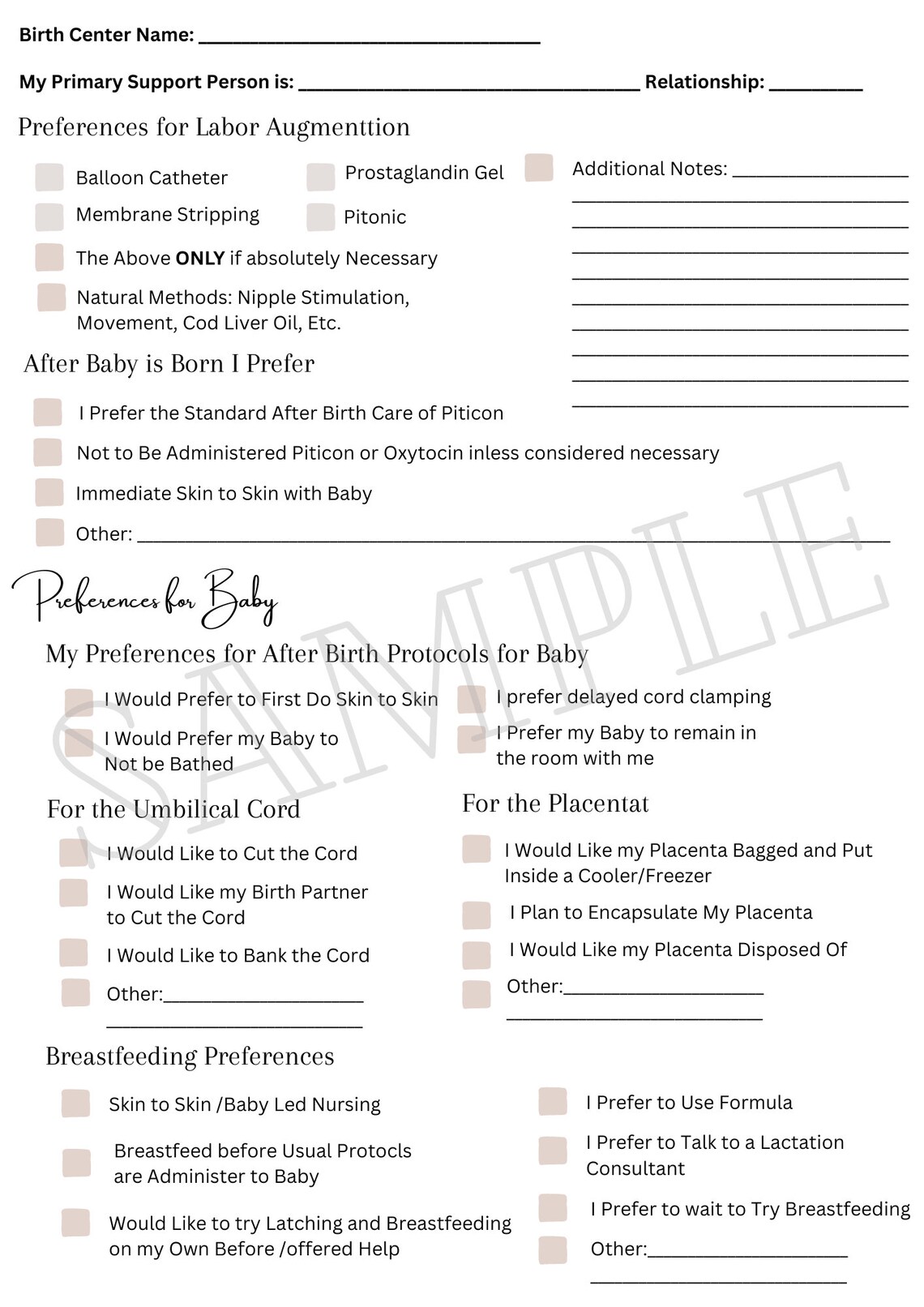 Downloadable Birth Plan for Birth Center Template | Birth Preferences ...