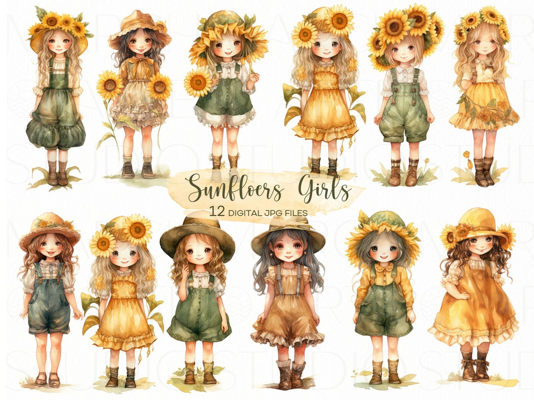 Sunflower Girls Clipart, Cute Digital Download Girls, Junk Journal ...