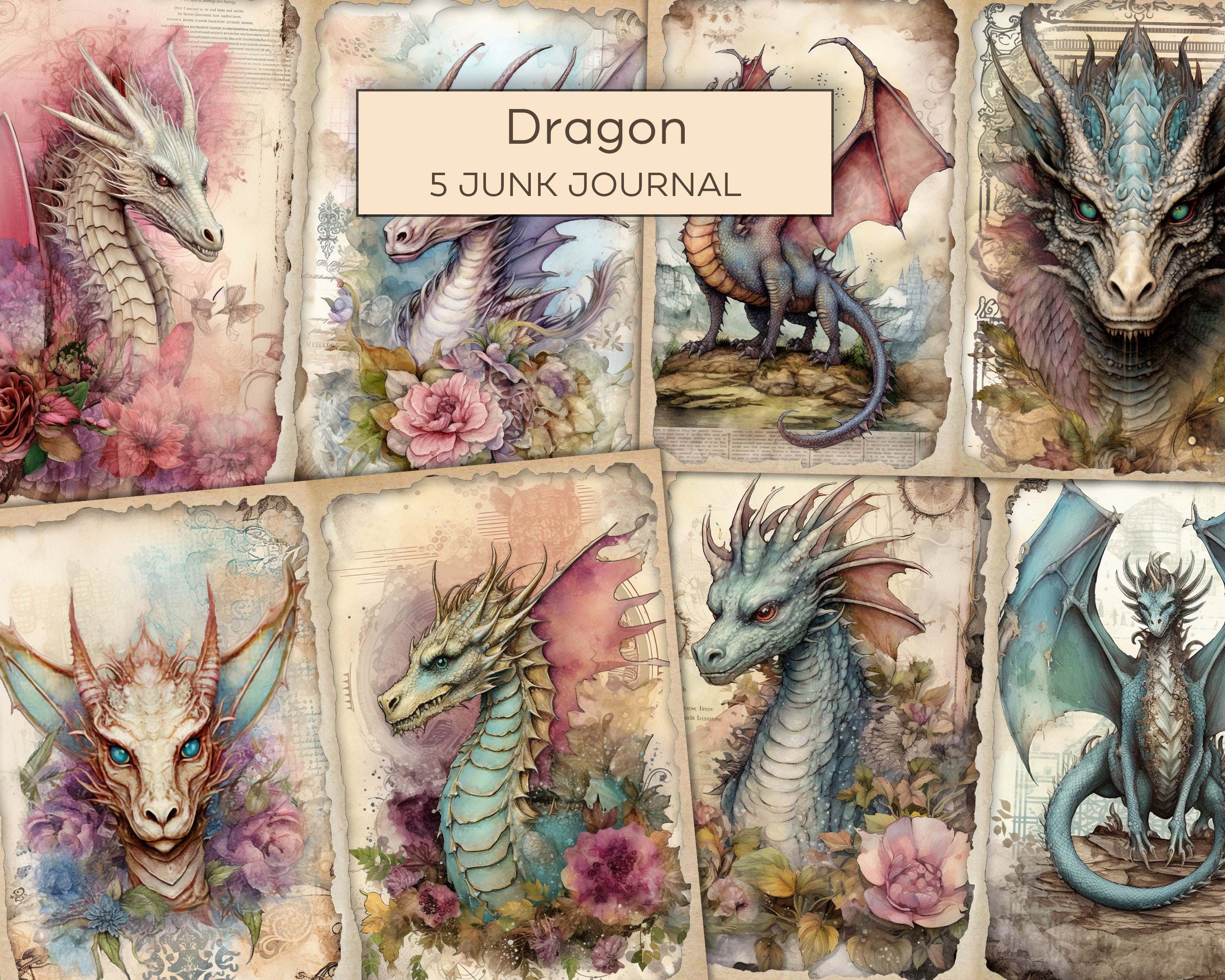 Dragon Journal Pages, Mystical Dragon, Junk Journal Kit, Blue, Fantasy ...