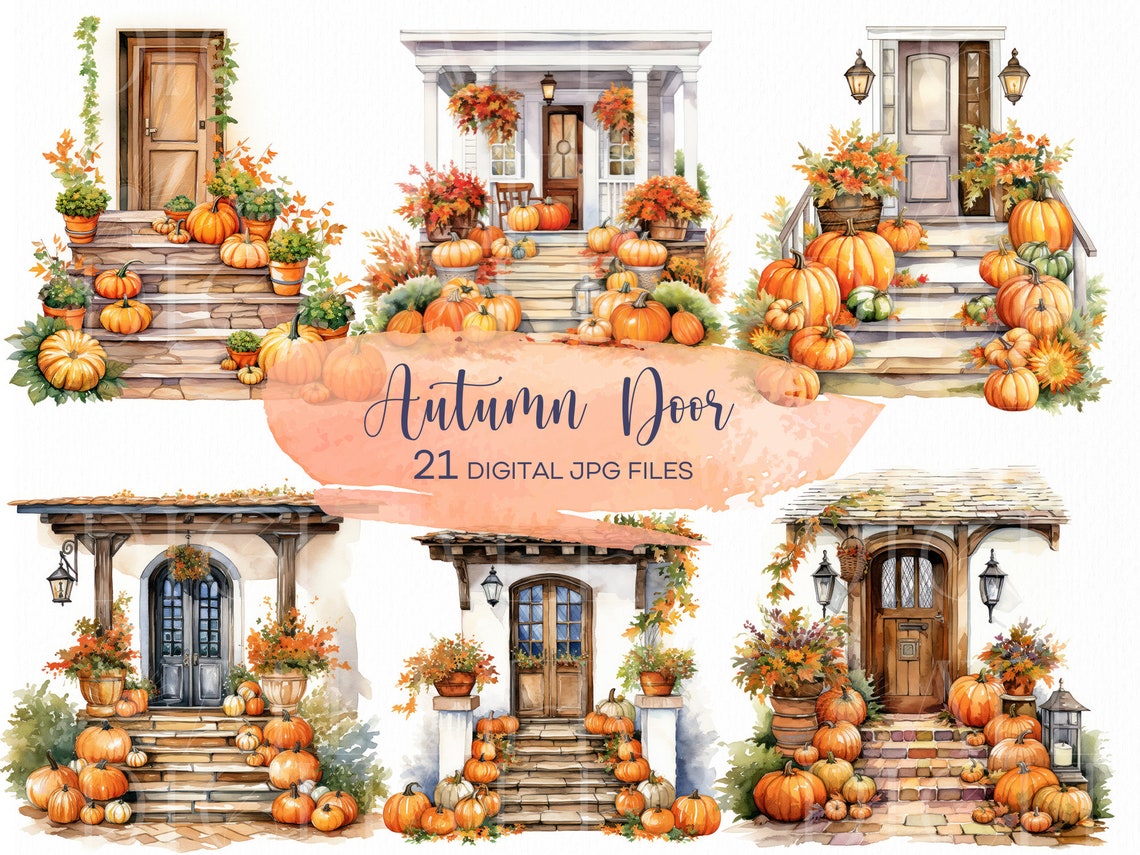 Watercolor Fall Scences Clipart Bundle Autumn Fall Front - Etsy