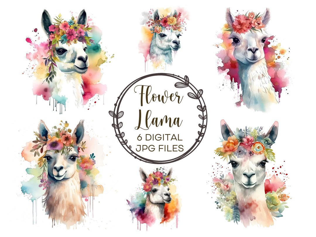 Floral Llamas Clipart Bundle, Pastel Floral Wreath, Cute Animal, Cute ...