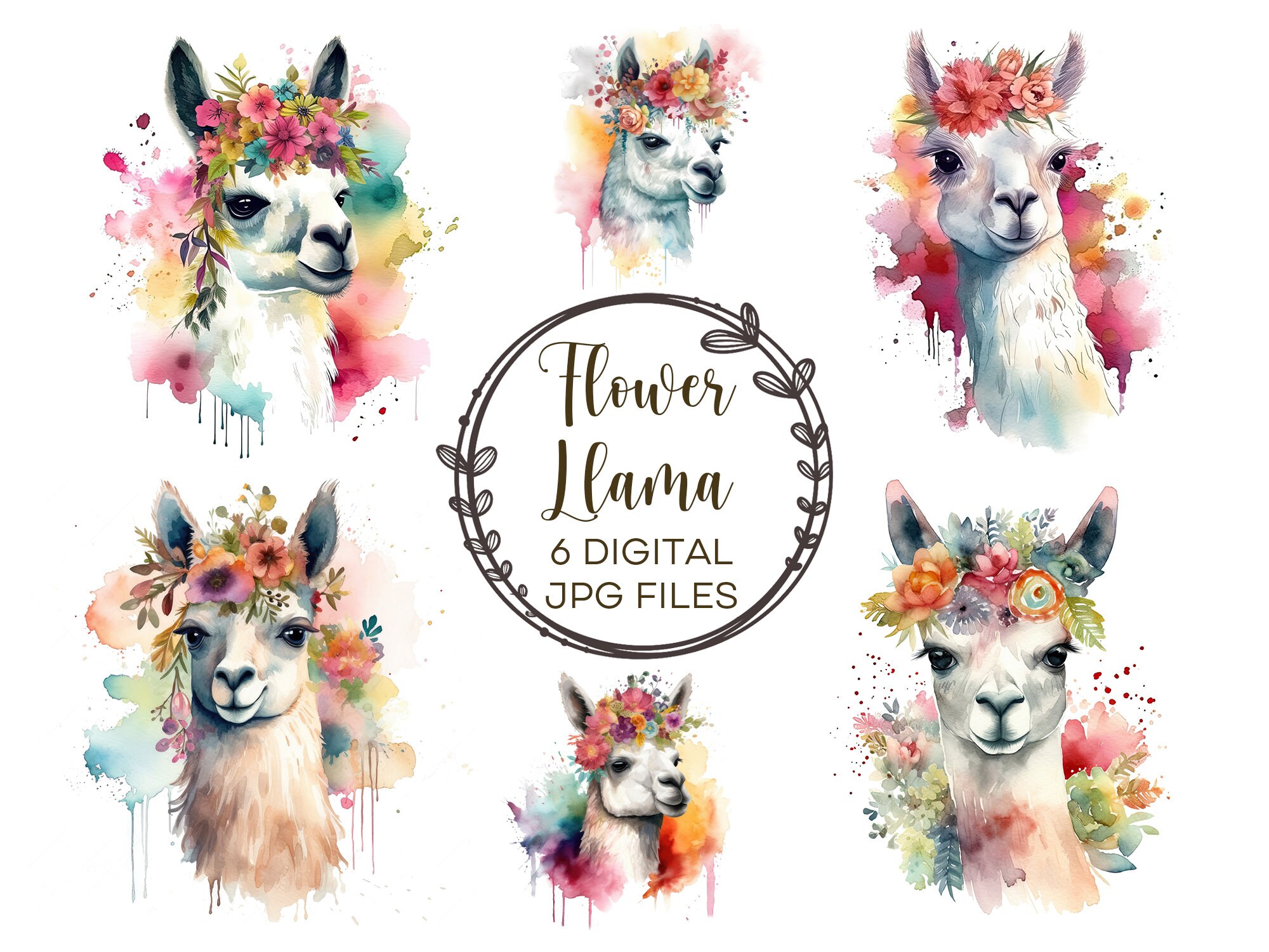 Floral Llamas Clipart Bundle, Pastel Floral Wreath, Cute Animal, Cute ...