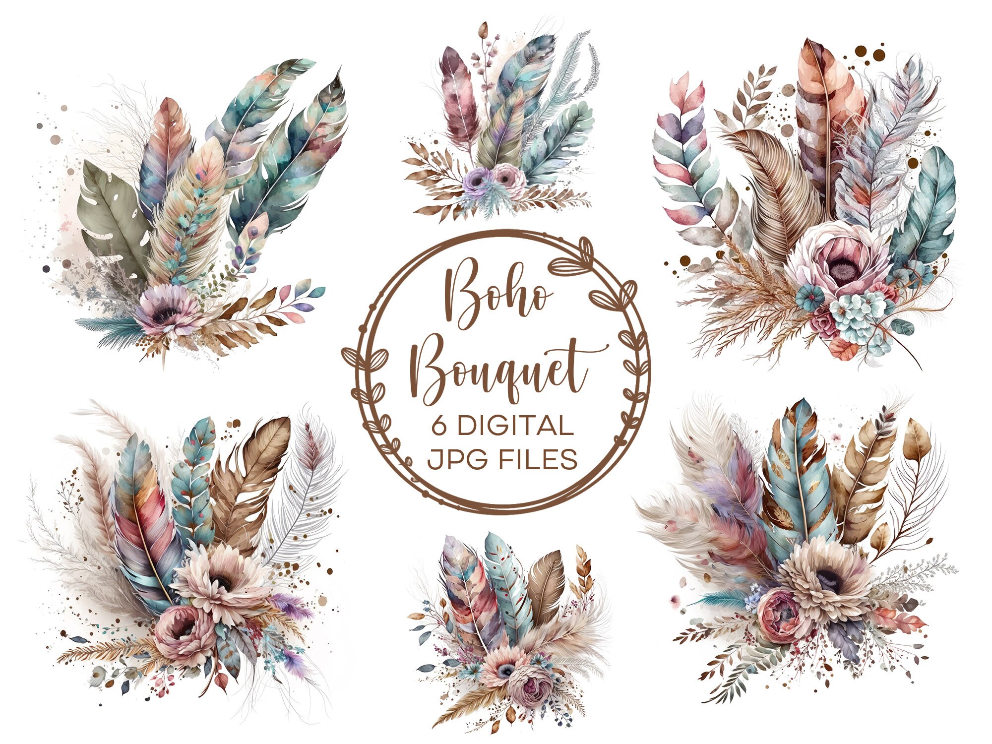 Watercolor Boho Floral Clipart Flower Boho Wedding JPG Bohemian Bridal ...