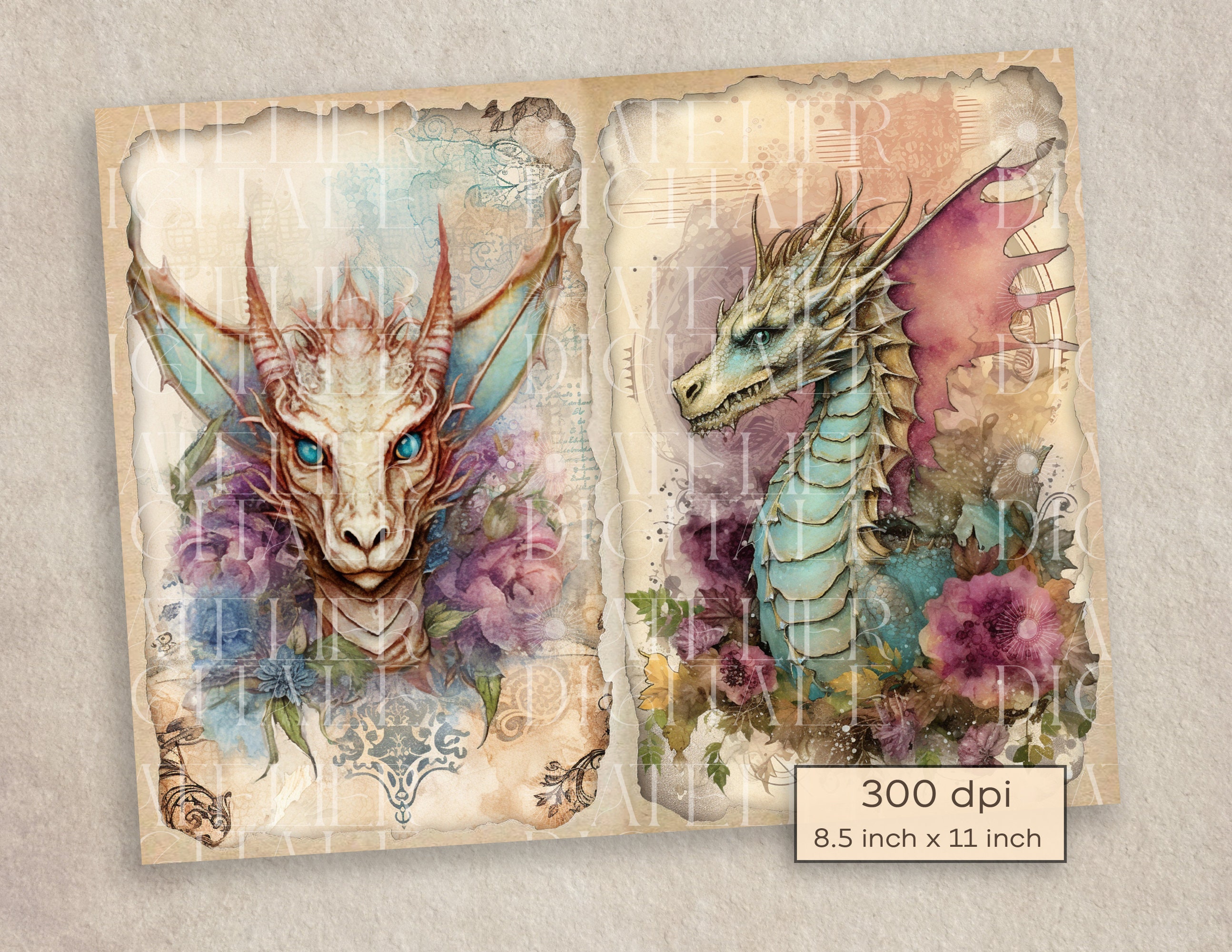 Dragon Journal Pages, Mystical Dragon, Junk Journal Kit, Blue, Fantasy ...