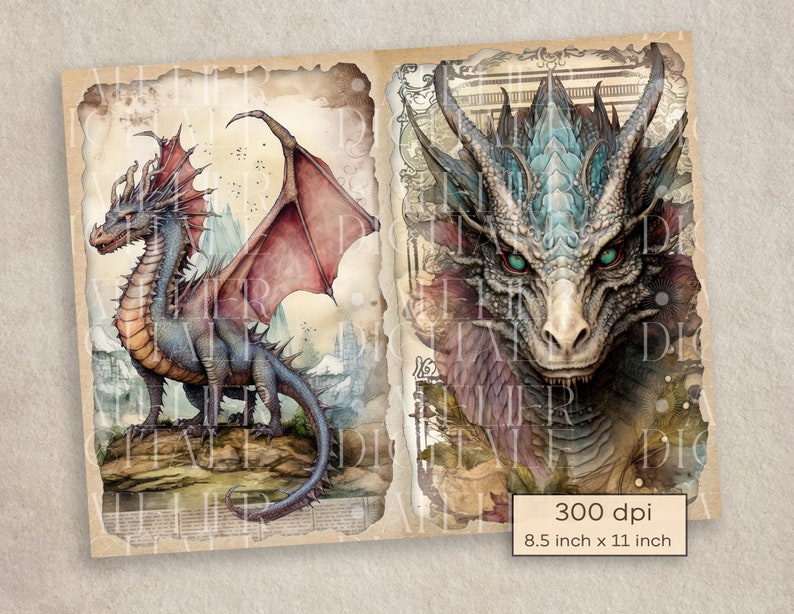 Dragon Journal Pages, Mystical Dragon, Junk Journal Kit, Blue, Fantasy ...