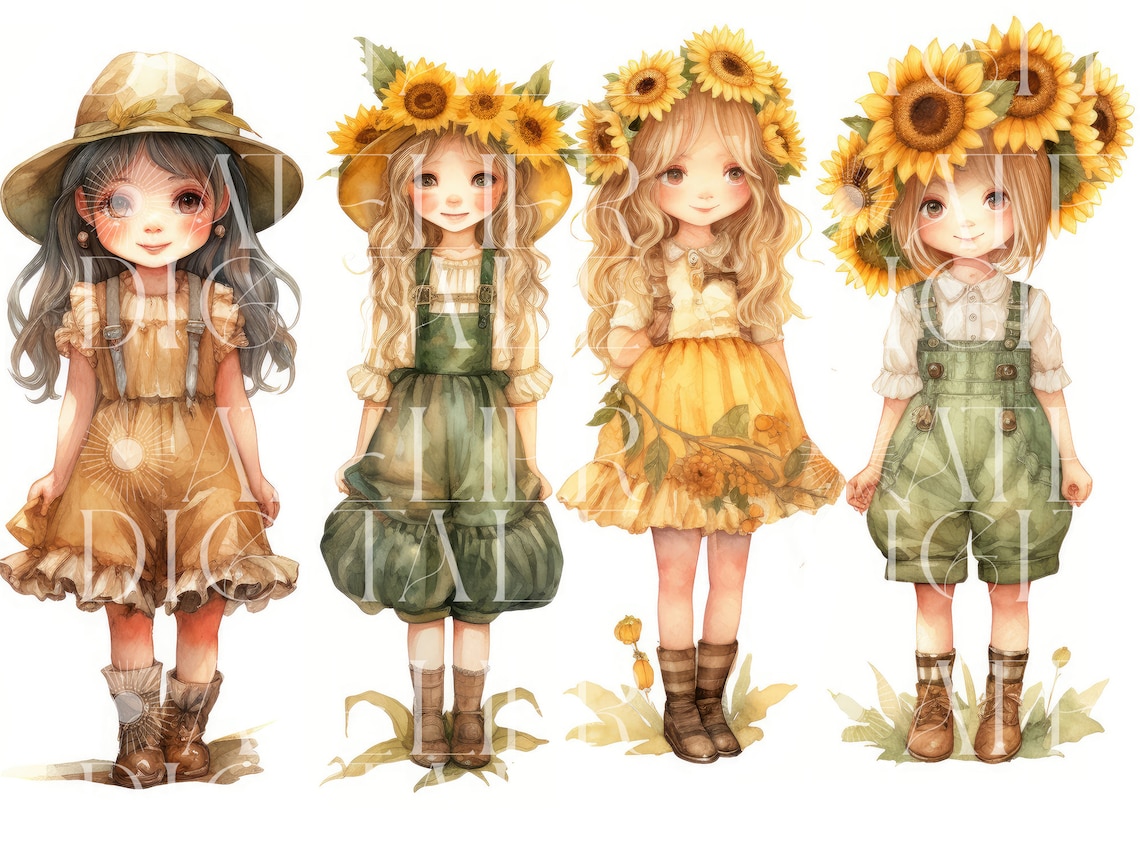 Sunflower Girls Clipart, Cute Digital Download Girls, Junk Journal ...