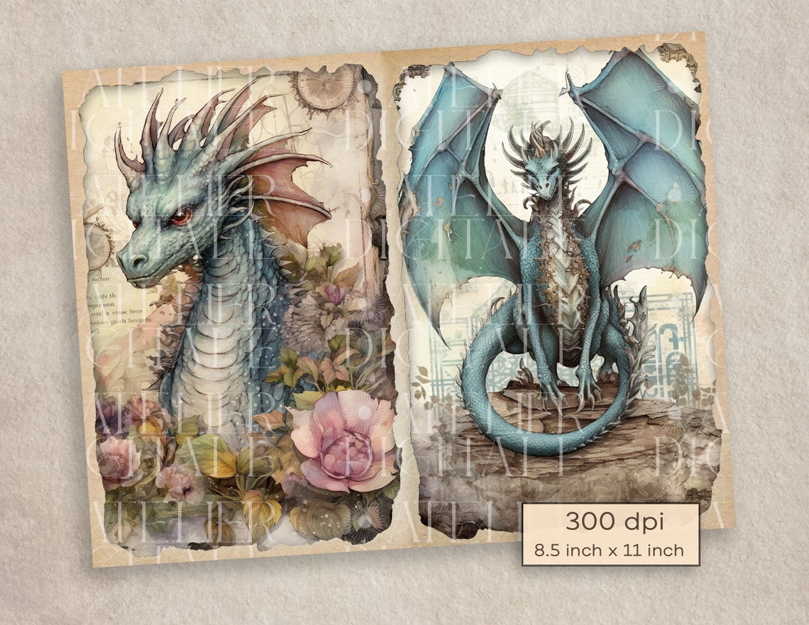 Dragon Journal Pages, Mystical Dragon, Junk Journal Kit, Blue, Fantasy ...