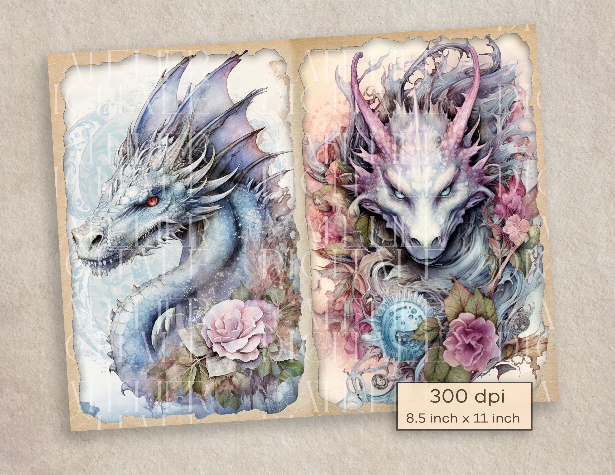 Dragon Journal Pages, Mystical Dragon, Junk Journal Kit, Blue, Fantasy ...