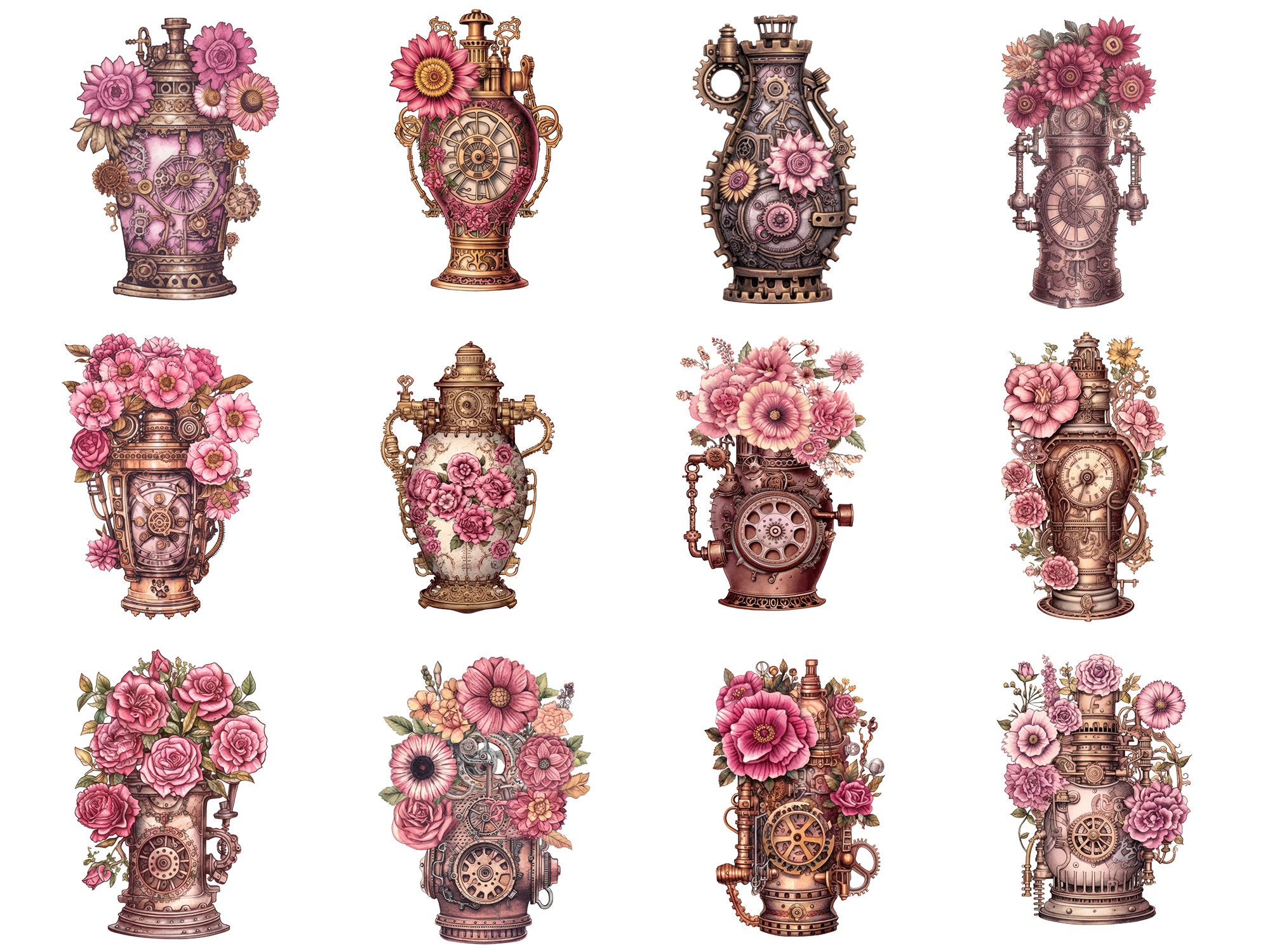 Steampunk Vase With Flowers Clipart Flowers Watercolor Floral Clipart ...