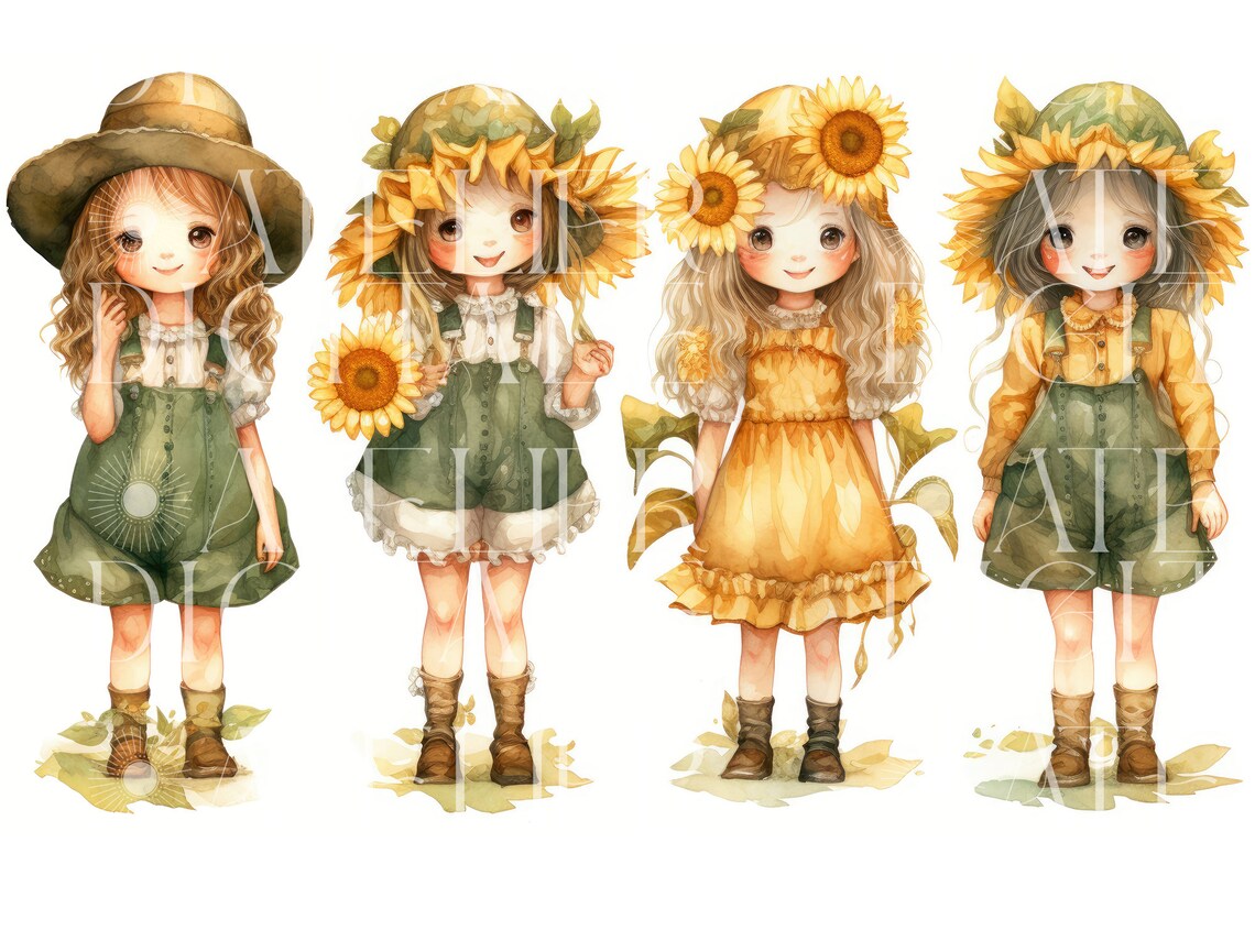 Sunflower Girls Clipart, Cute Digital Download Girls, Junk Journal ...