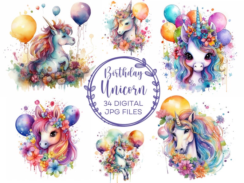 34 Unicorn Clipart Digital Paper Craft Watercolor Clipart - Etsy