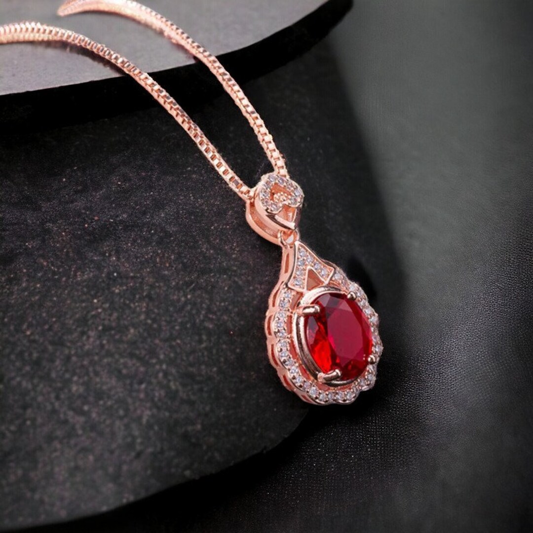 14K Rose Gold Gemstone Ruby Necklace, Rose Gold Ruby Pendant, Rose Gold ...