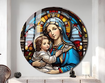 Virgin Mary Tempered Glass Wall Art, Virgin Mary Round Tempered Glass ...