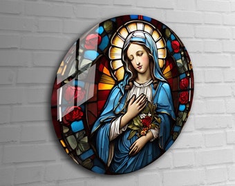 Virgin Mary Tempered Glass Wall Art, Virgin Mary Round Tempered Glass ...